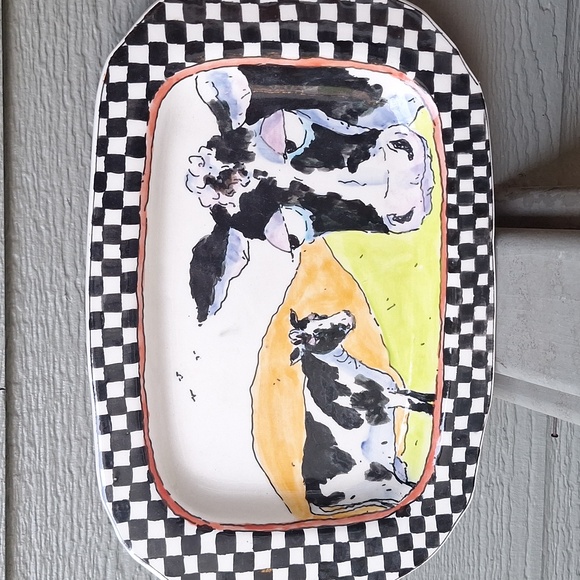 Handmade | Art | Vintage Artist Signed Checkerboard Print Cow Tray 4x9 ...